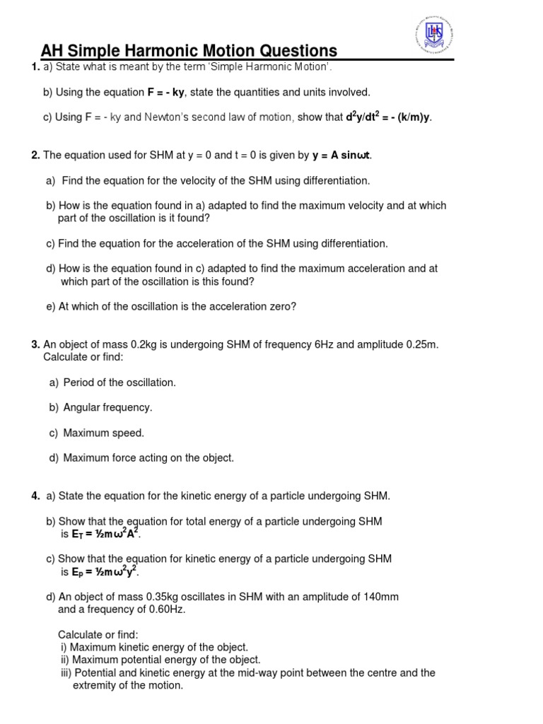 (83463) 14. AH Simple Harmonic Motion Questions | PDF | Oscillation ...