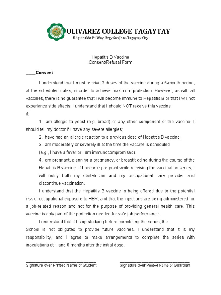 Hepa B Vaccine Consent Form | PDF | Hepatitis B | Vaccines