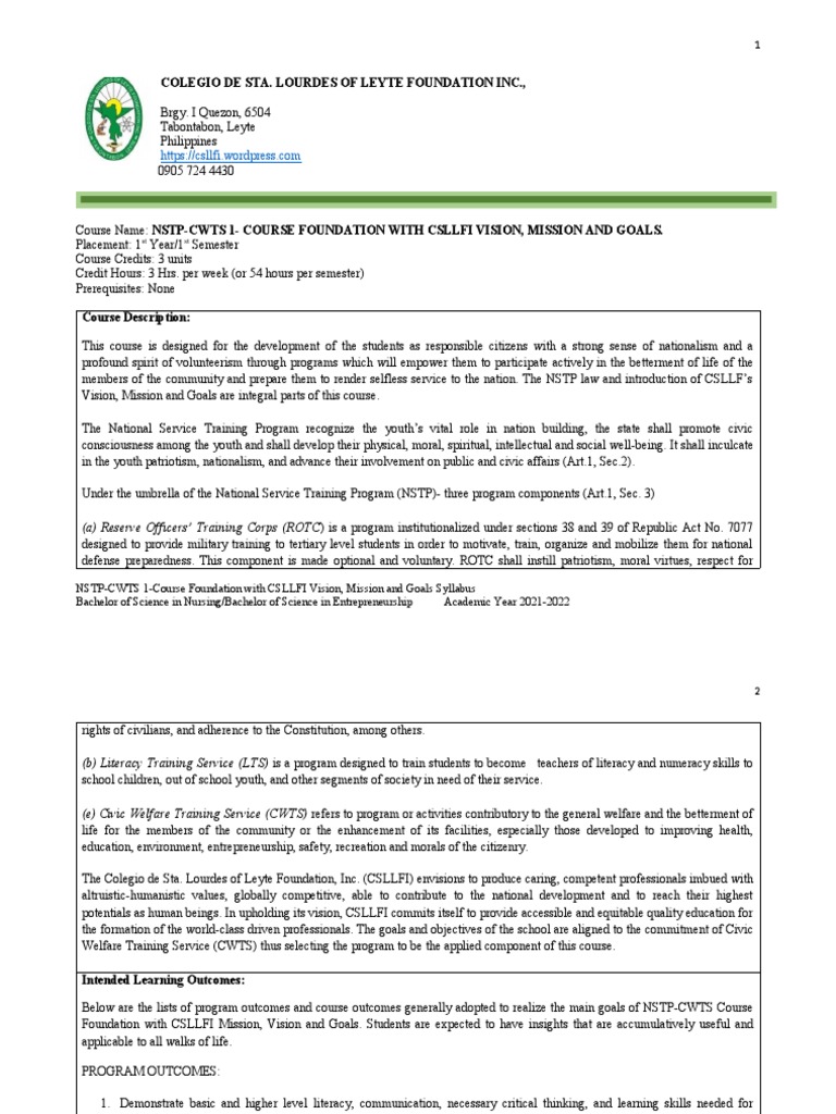 NSTP CWTS 1 Course Foundation With Csllfi Mission Vision and Goals ...