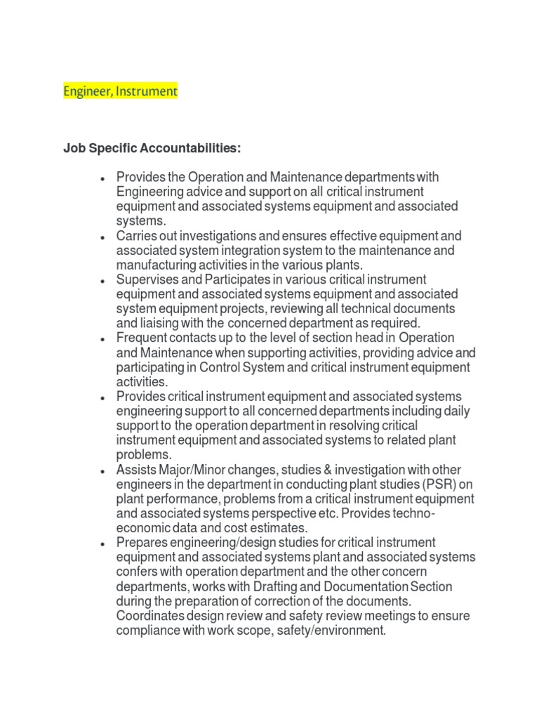 JD - Engineer, Instrument - Maintenance | PDF | Regulatory Compliance | Verification And Validation