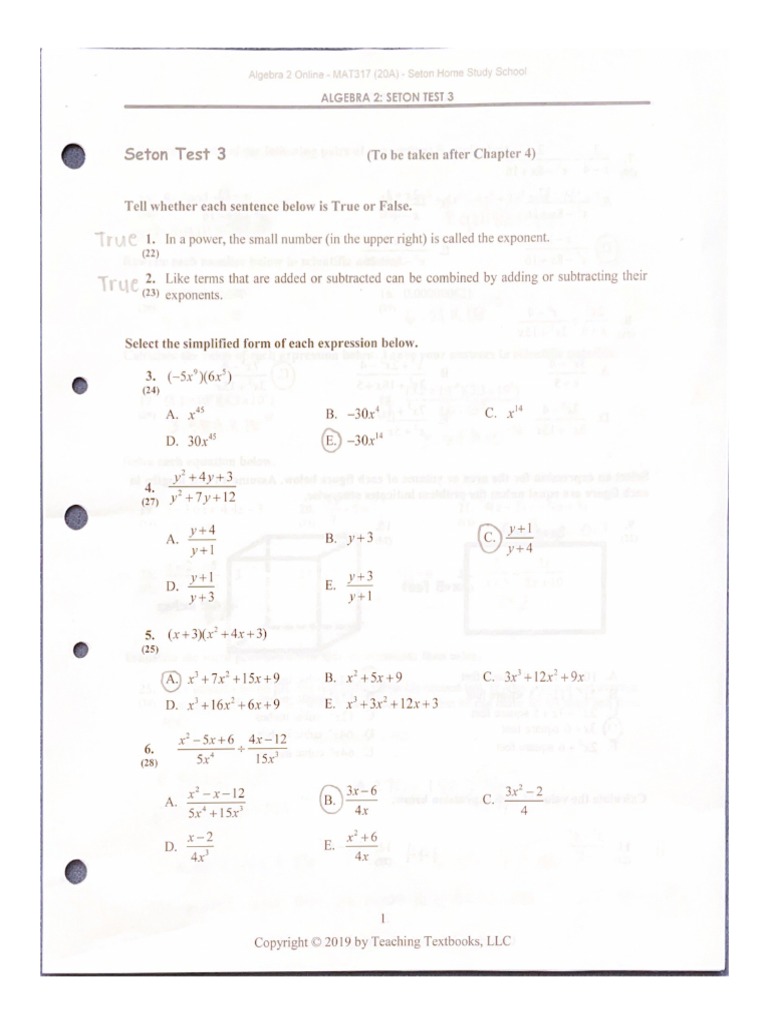 Algebra 2 Online MAT317 20A Seton Home Study School | PDF