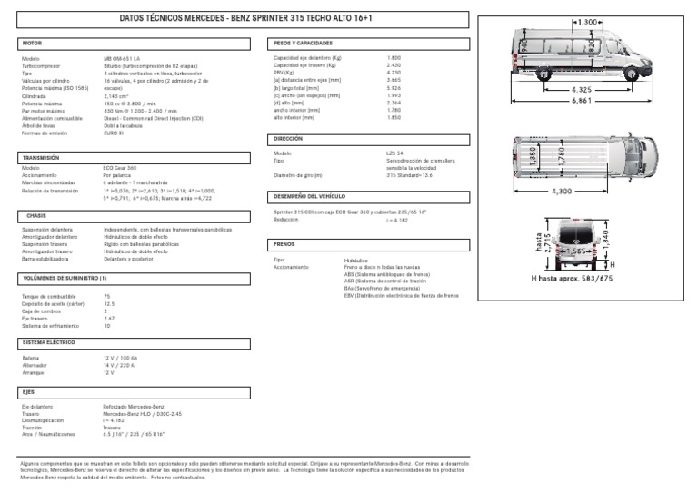 Ficha Tecnica Sprinter 315 Techo Alto | PDF | Eje | Sistema de freno antibloqueo