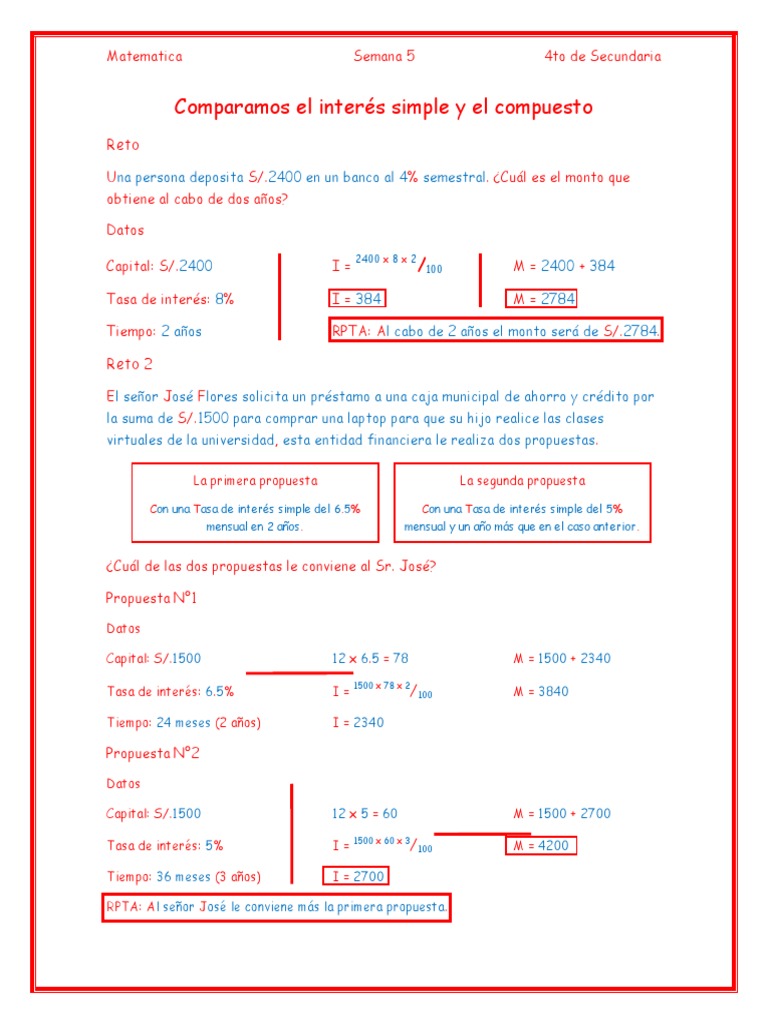 Interés Simple vs Compuesto en Matemáticas | PDF | Interés | Tasas de ...