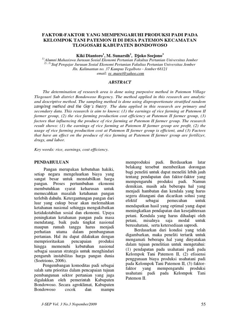 ID Faktor Faktor Yang Mempengaruhi Produksi Padi Pada Kelompok Tani Patemon II Di D | PDF