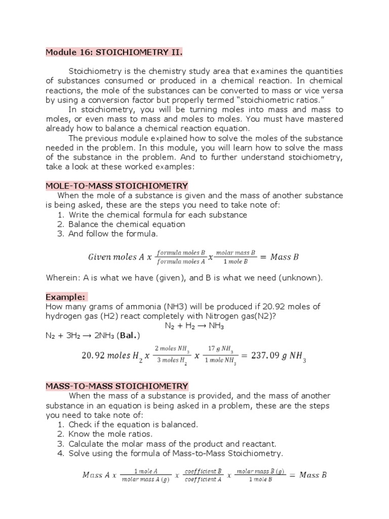 Mass-to-Mass Stoichiometry Guide | PDF | Stoichiometry | Mole (Unit)