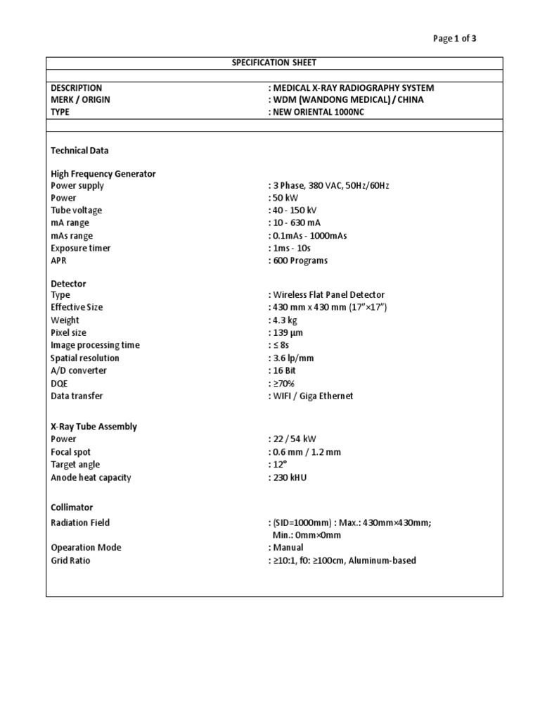 Specification Sheet WDM Medical X-Ray Radiography System NEW ORIENTAL ...