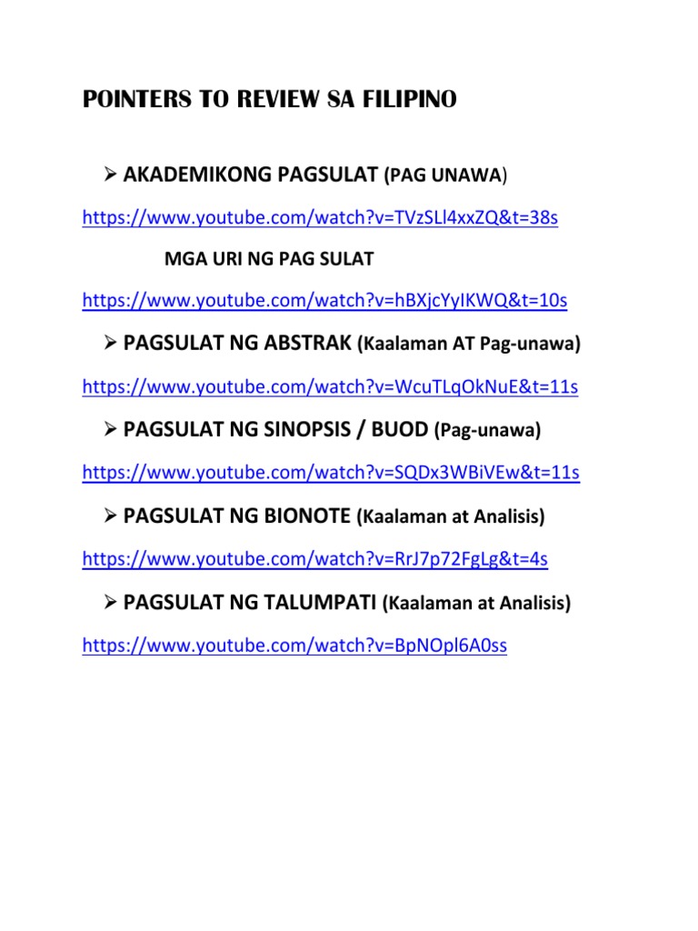 Pointers To Review Sa Filipino | PDF