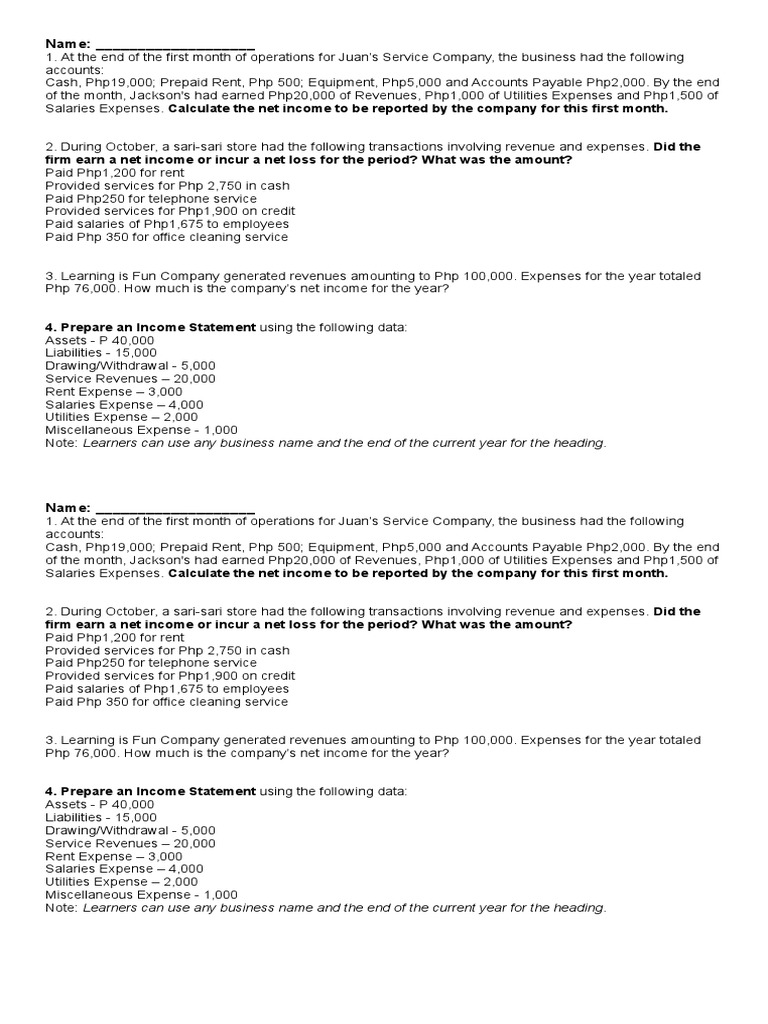 Income Statement Quiz Pdf Expense Revenue