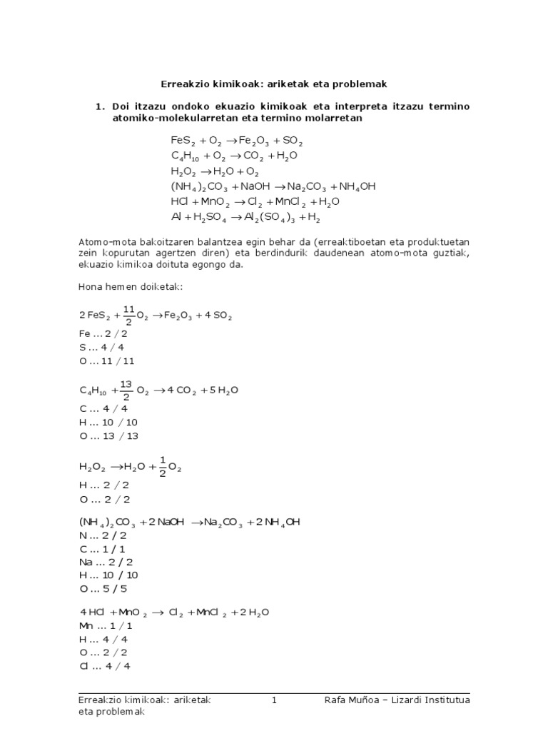 Erreakzio Kimikoak Ariketak Eta Problemak | PDF