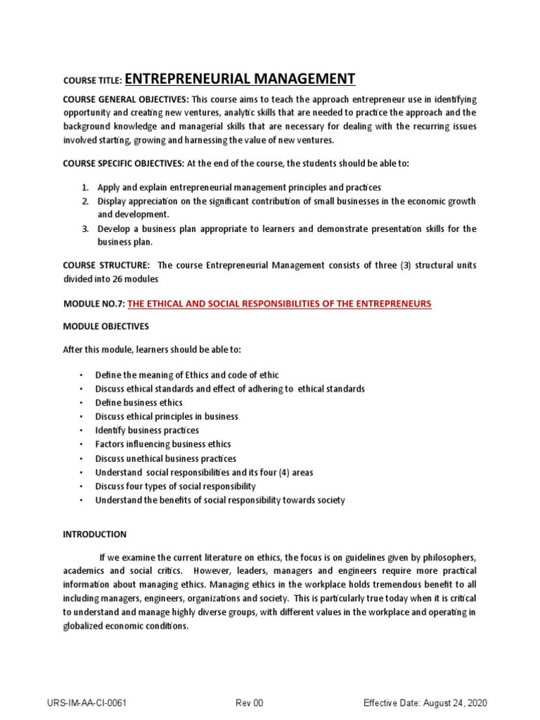 Ethical and Social Responsibilities in Entrepreneurship | PDF ...