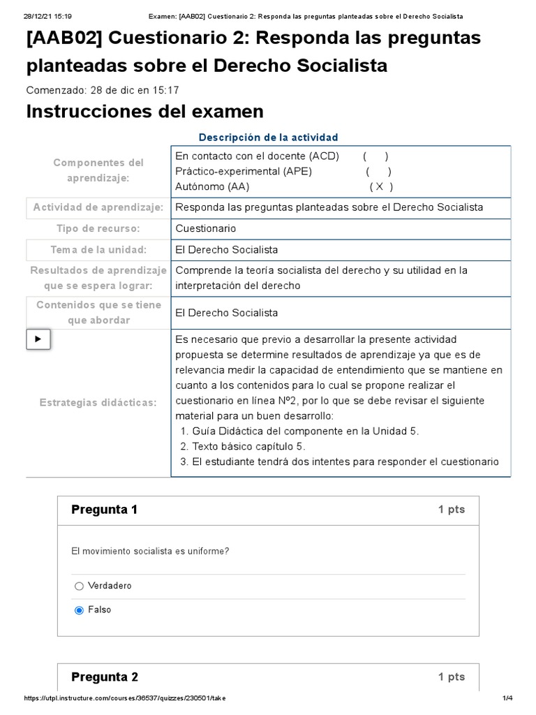 Examen - (AAB02) Cuestionario 2 - Responda Las Preguntas Planteadas Sobre El Derecho Socialista ...