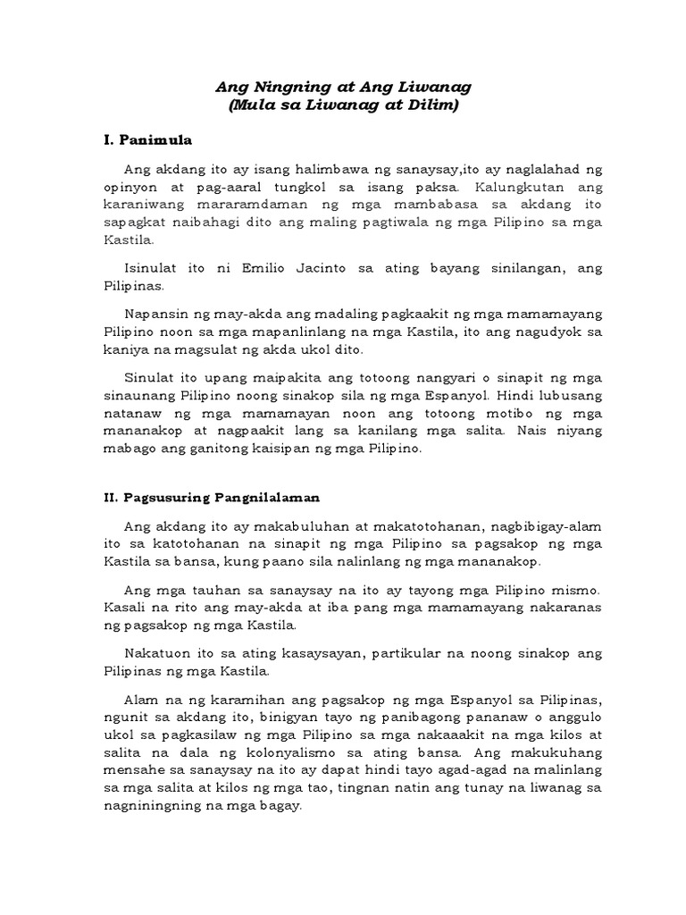 Ang Ningning at Ang Liwanag Suring Basa | PDF