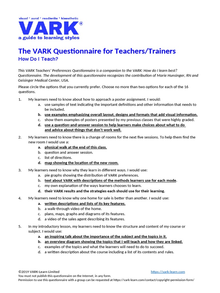 The VARK Questionnaire For Teachers-Late-Submission | PDF | Learning ...