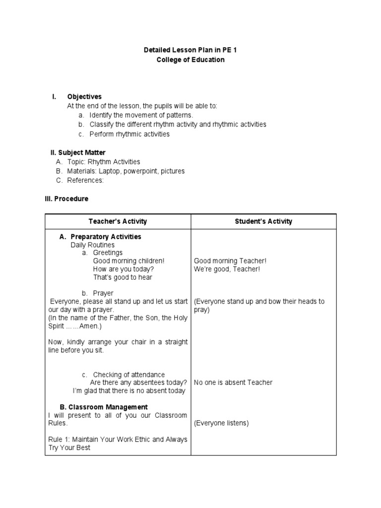 Detailed Lesson Plan in PE 1 - Final | PDF | Rhythm | Teachers Detailed Lesson Plan in PE 1 - Final | PDF | Rhythm | Teachers