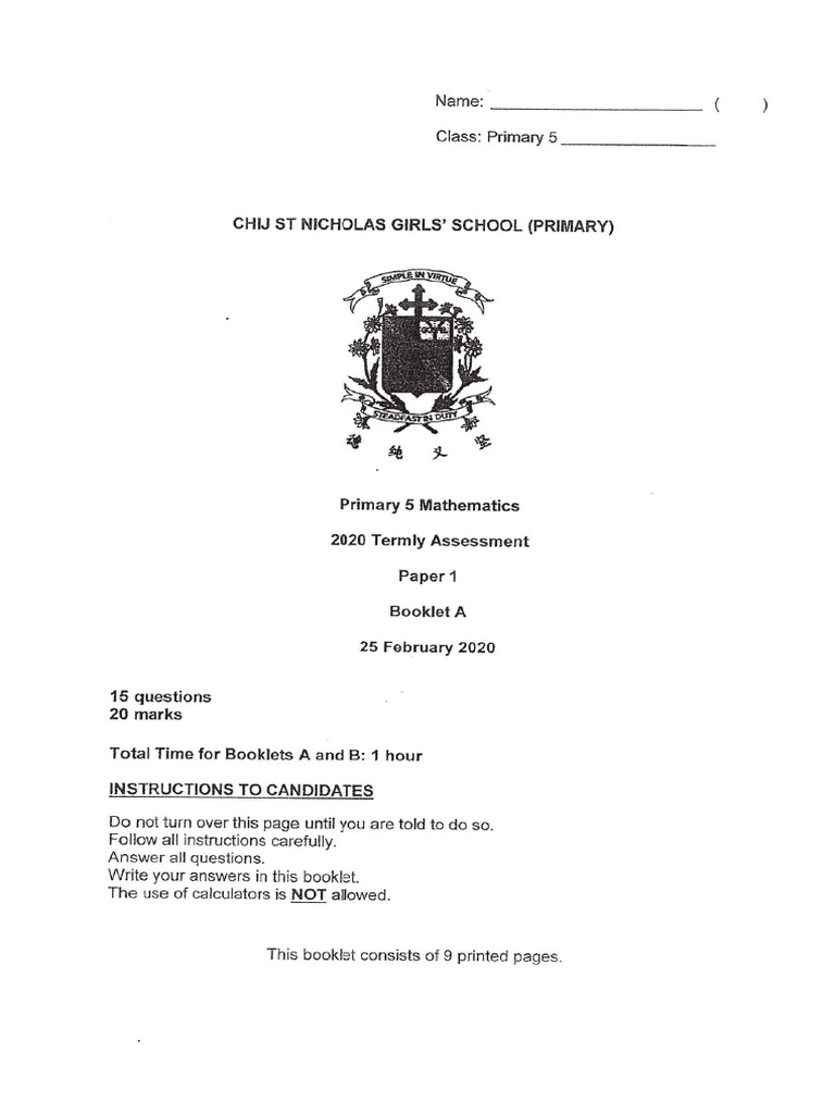 P5 Maths 2020 CA1 CHIJ ST Nicholas Girls' Exam Paper | PDF