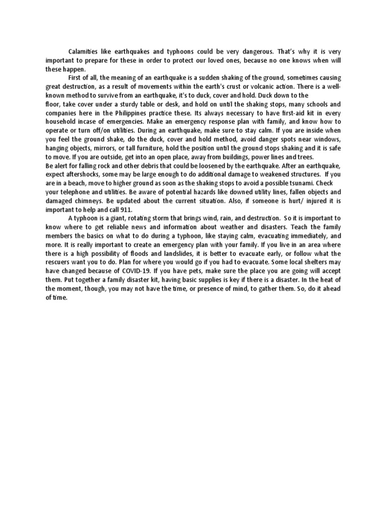 Typhoon and Earthquake Preparation Essay | PDF | Earthquakes | Natural ...