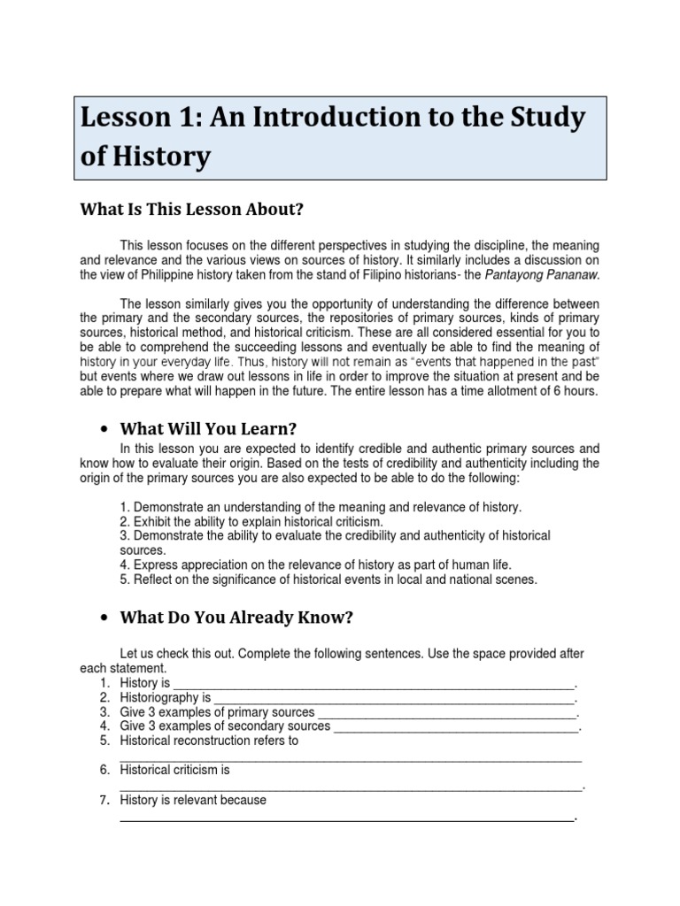 Lesson 1 - Readings in Philippine History | PDF | Historiography ...