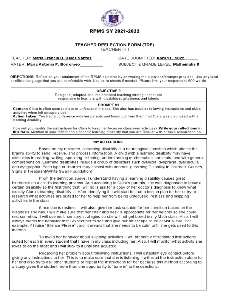 RPMS-Teacher-Reflection-Form-2021-2022 | PDF | Learning | Cognition