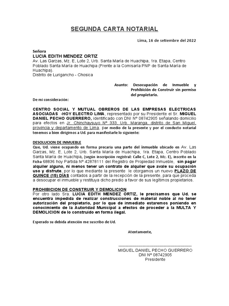 Carta Notarial para Desalojo Por Ocupante Precario - Acentro Social y ...