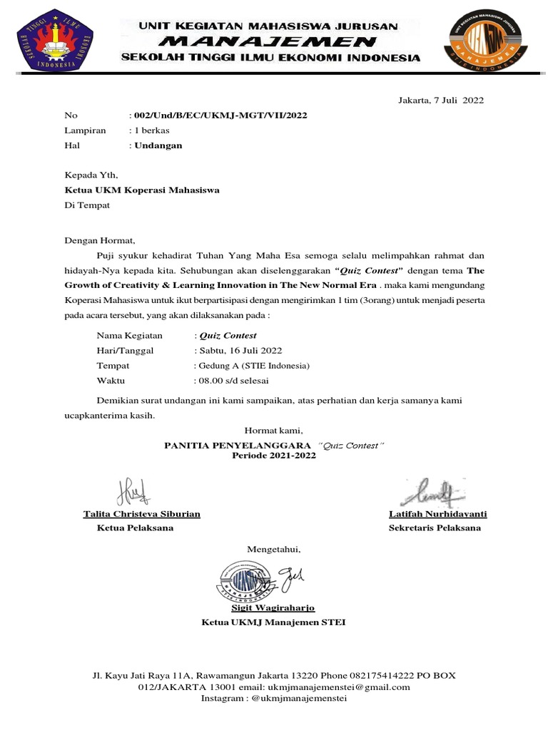 Surat Undangan Quiz Contest (UKM KOPMA) | PDF