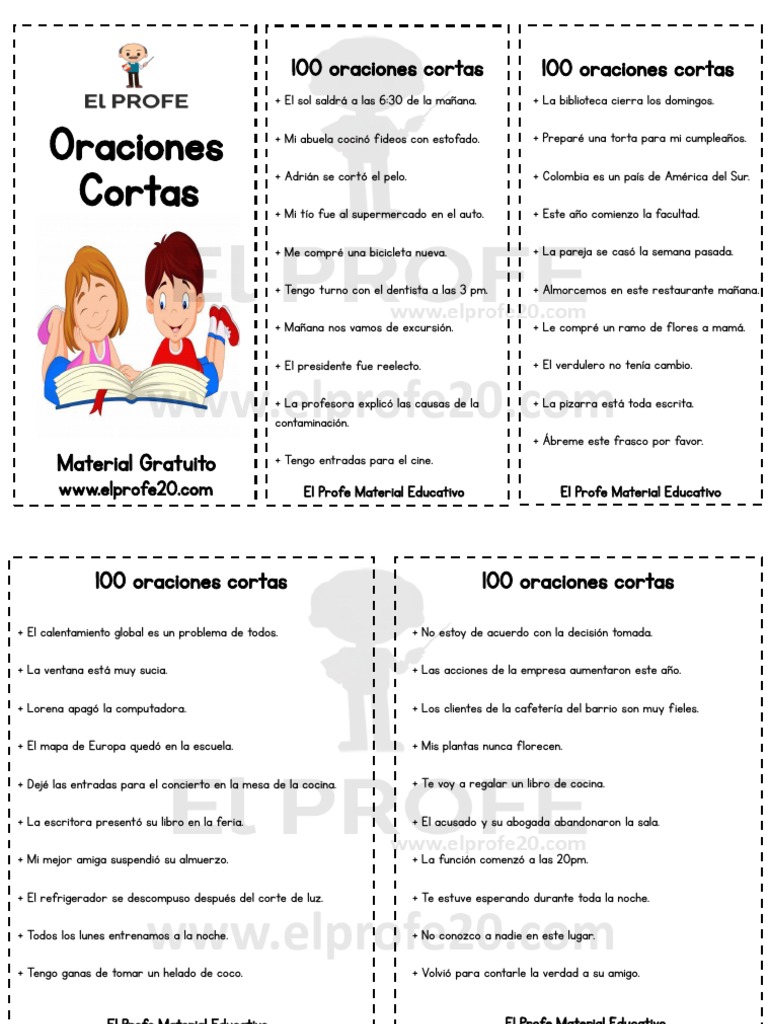 Fichas de Oraciones Cortas Elprofe20 Gratis | PDF
