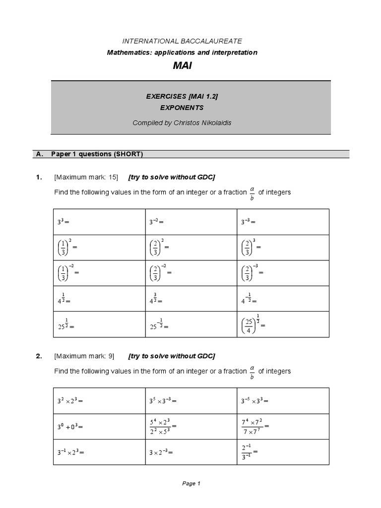IB MAI Exponents Practice Questions | PDF | Arithmetic | Algebra