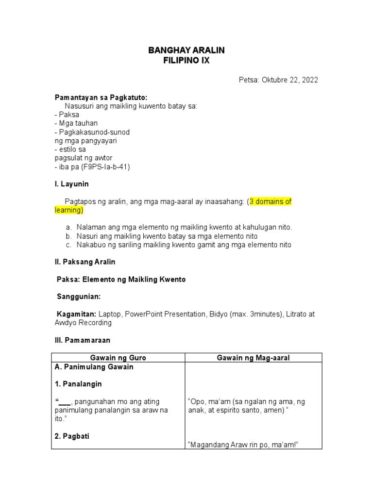 Detailed Lesson Plan - Elemento NG Maikling Kwento | PDF