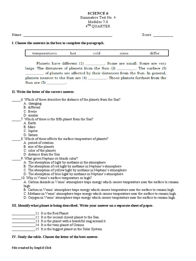 Sci6 ST4 Q4 | Download Free PDF | Planets | Atmosphere