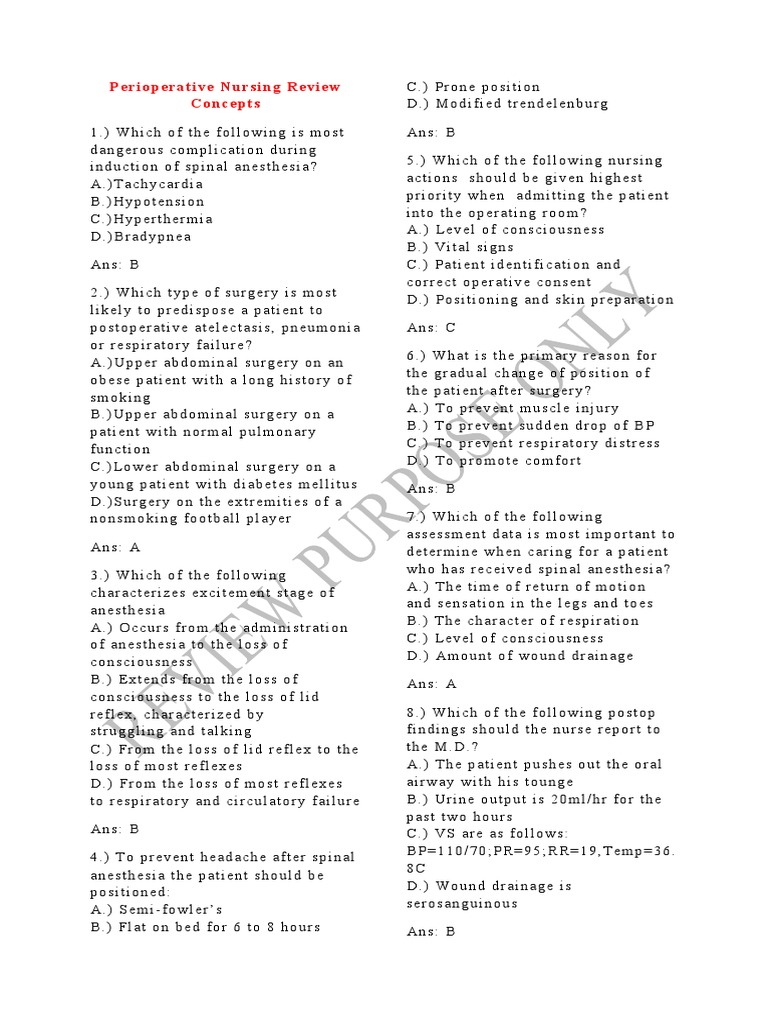 Perioperative Nursing Practice Questions | PDF | Surgery | Anesthesia