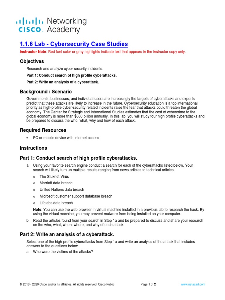1.1.6 Lab - Cybersecurity Case Studies - ITExamAnswersc0ba | PDF