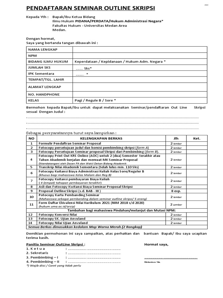 FH UMA 2022 Formulir Pengajuan Seminar Proposal Dan Judul OK | PDF FH UMA 2022 Formulir Pengajuan Seminar Proposal Dan Judul OK | PDF