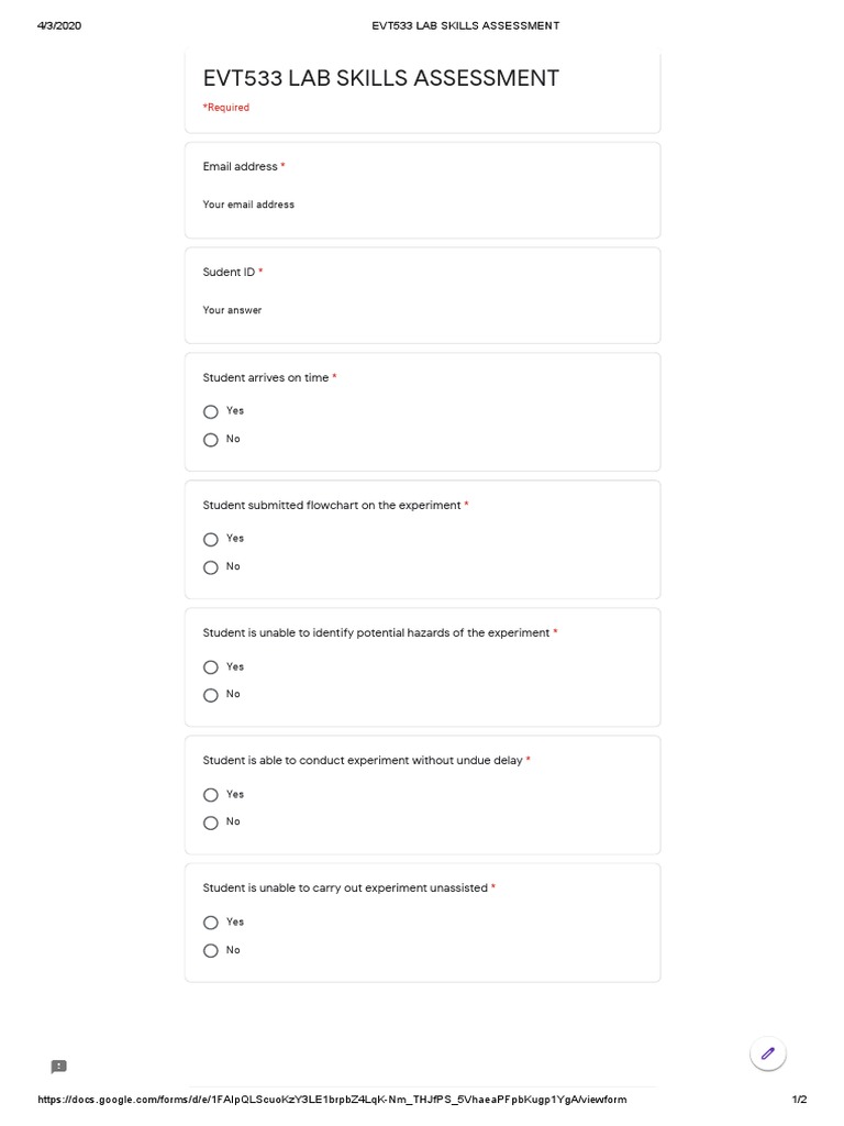 Lab Skills Assessment Form | PDF | Laboratories