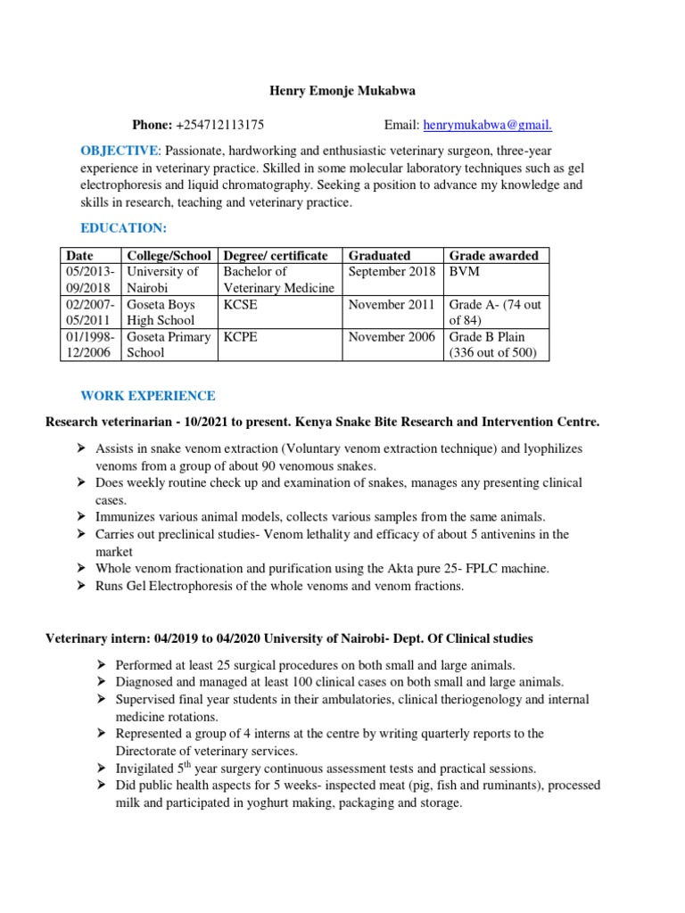 Veterinary Surgeon Resume: Henry Mukabwa | PDF | Veterinary Medicine ...
