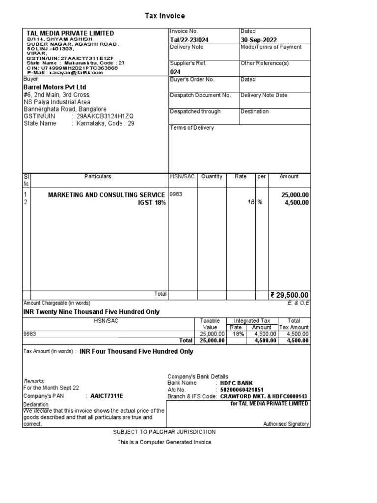 Barrel Motors PVT LTD Invoice SEPT 22 | PDF | Invoice | Business