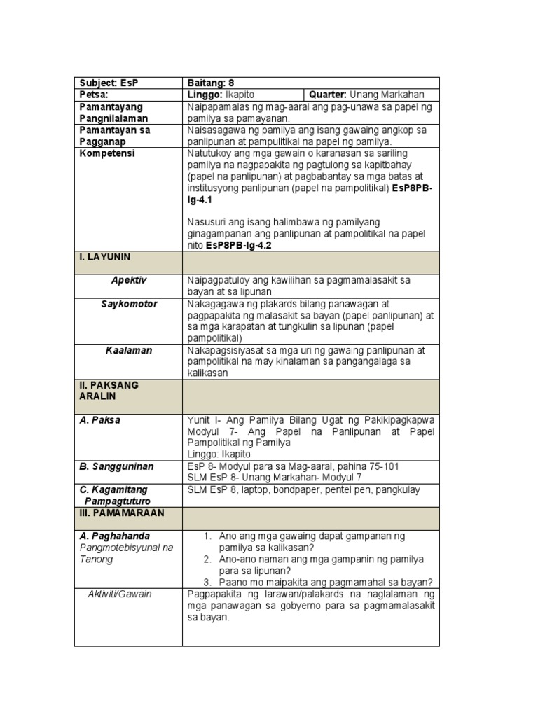 EsP8 - Lesson Plan - Q1 - Week7 | PDF