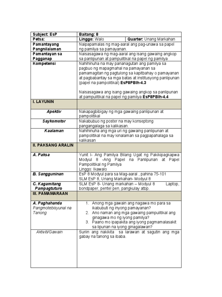 EsP8 - Lesson Plan - Q1 - Week8 | PDF