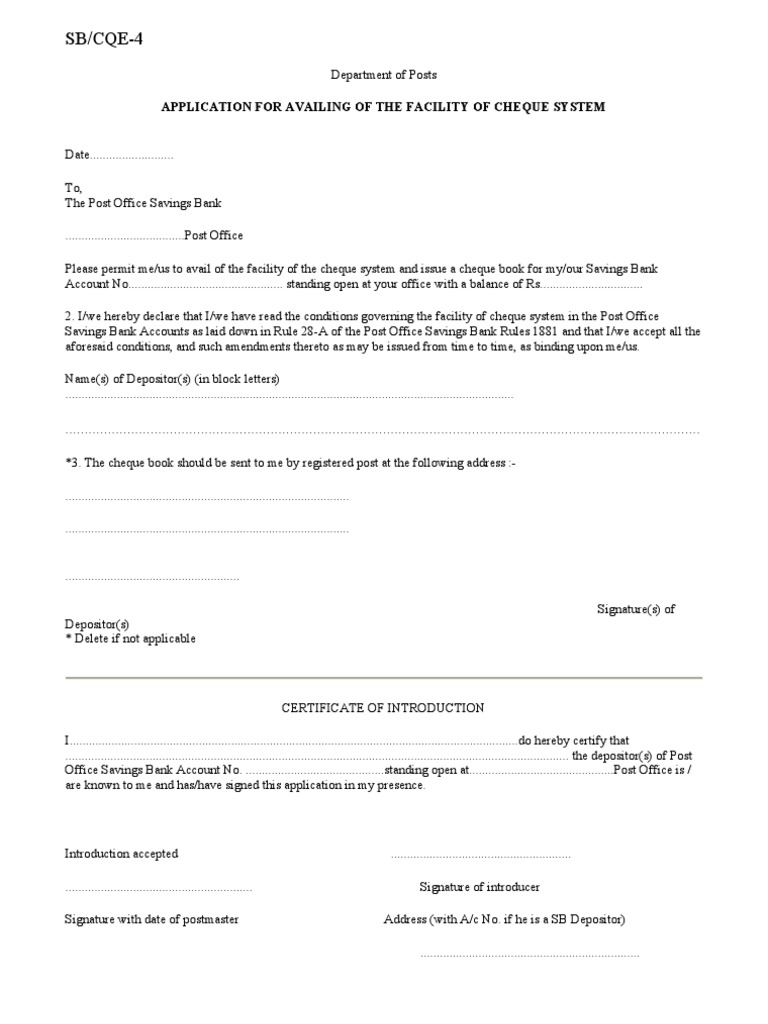 Post Office Cheque Book Application Form | PDF