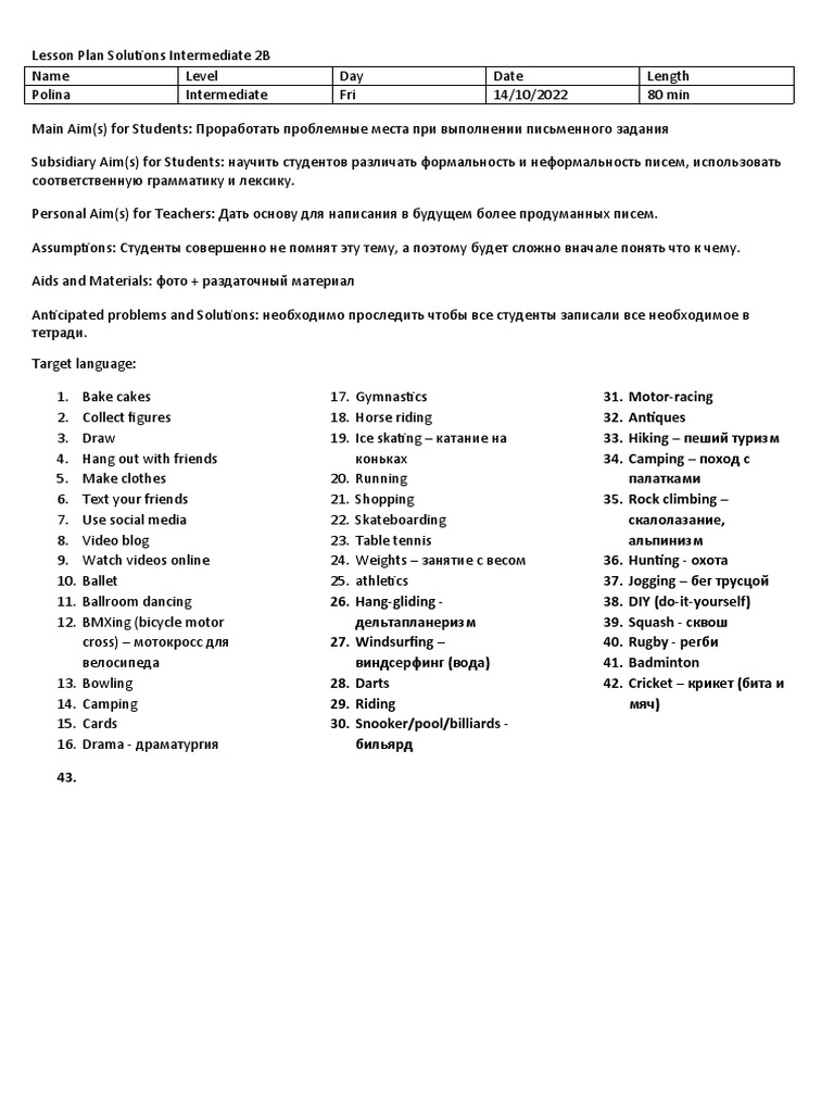 Intermediate Lesson Plan for Writing Skills | PDF | Subject (Grammar ...