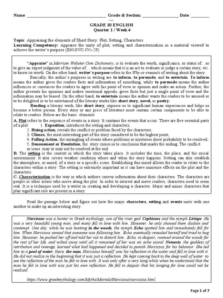 English 10 Q1 W4 Appraise The Unity of Plot Setting and Characterization MAGNO 3 1 1 | PDF ...