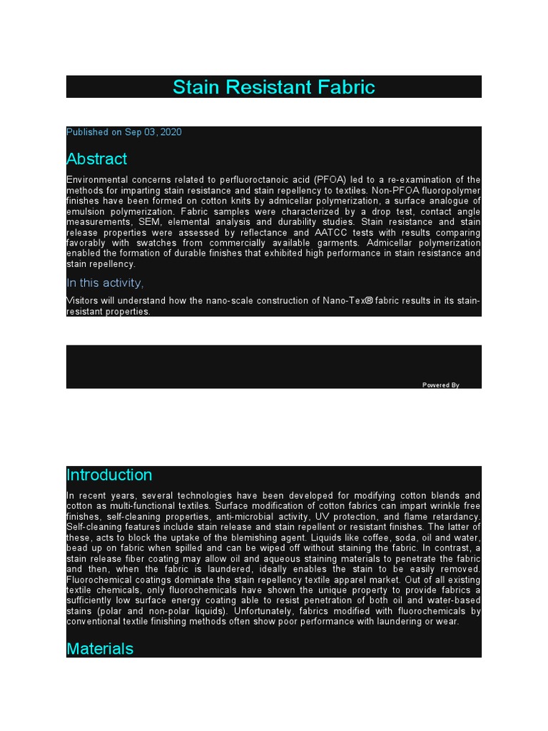 Stain Resistant Fabric | PDF | Textiles | Hydrophobe