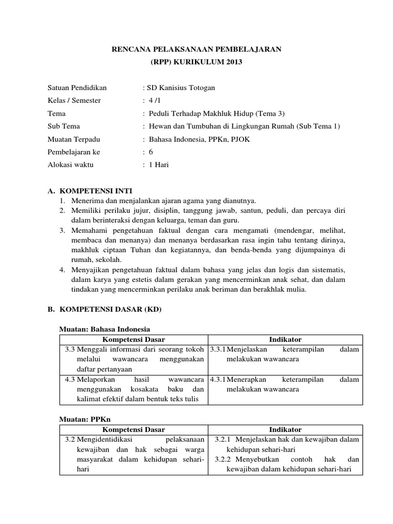 RPP Kelas 4 Tema 3 Subtema 1 Pembelajaran 6 | PDF