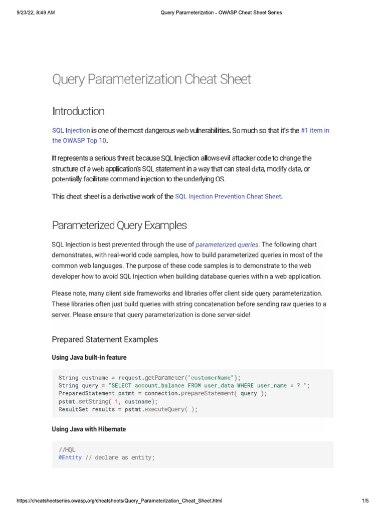 Query Parameterization Cheatsheet - OWASP Cheat Sheet | PDF