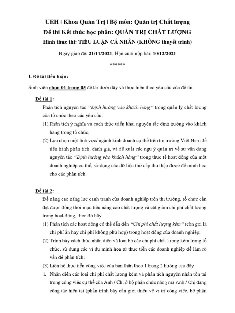 Thi KTHP - Tiểu luận cá nhân - Quản trị chất lượng | PDF