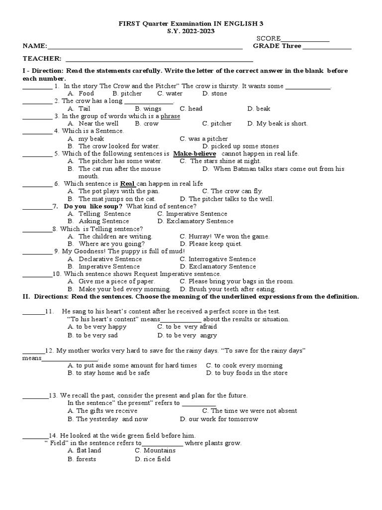 English 1st Quarter Test g3 | PDF | Sentence (Linguistics) | Plural
