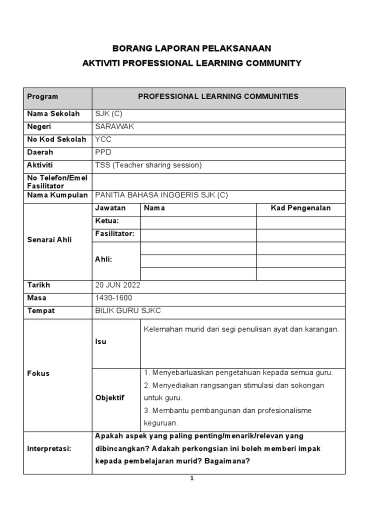 Laporan PLC TSS - Panitia Bahasa Inggeris | PDF