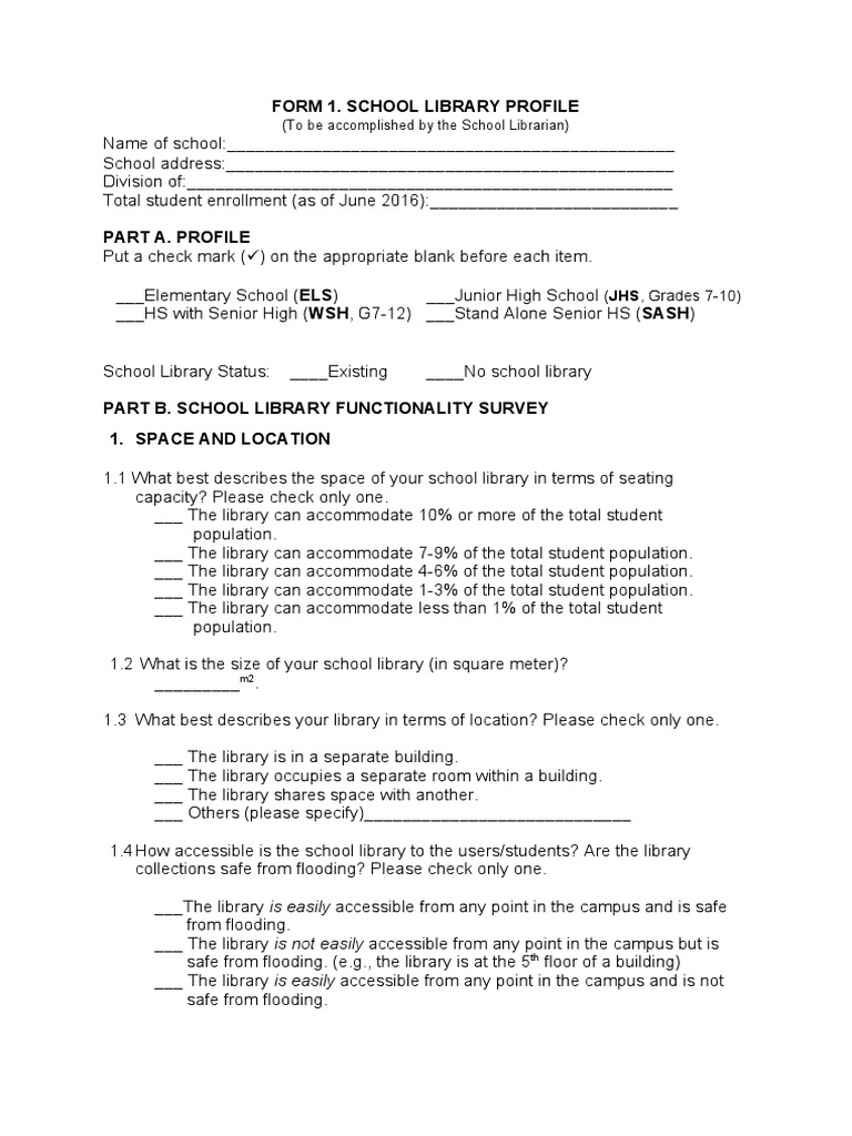 Form 1 School Library Profile | PDF | Libraries | School Library