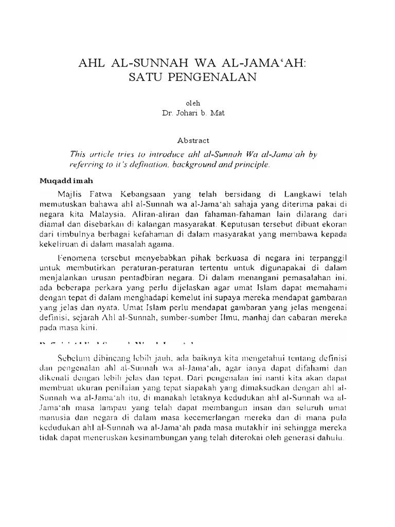 Ahl Al-Sunnah Wa Al-Jama Ah: Satu Pengenalan: Oleh Dr. Johari B. Mat | PDF