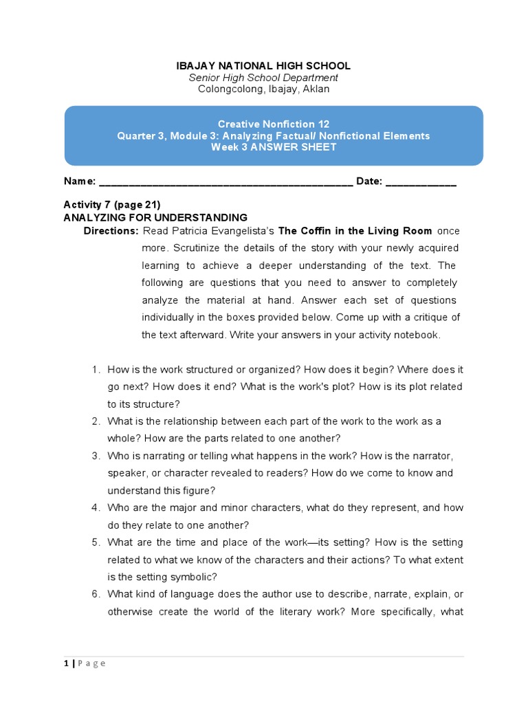 CFN 12 Answer Sheet Week 3-4 | PDF | Plot (Narrative) | Narration