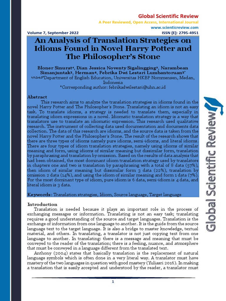 An Analysis of Translation Strategies On Idioms Found in Novel Harry Potter and The Philosopher ...