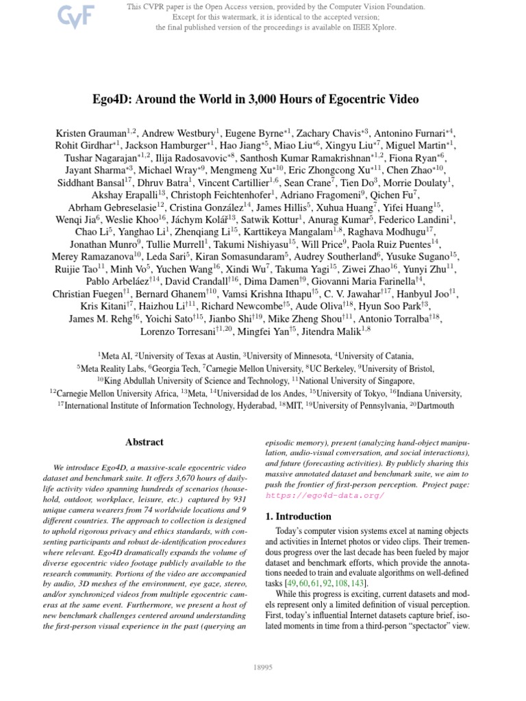 Grauman Ego4D Around The World in 3000 Hours of Egocentric Video CVPR 2022 Paper | PDF ...